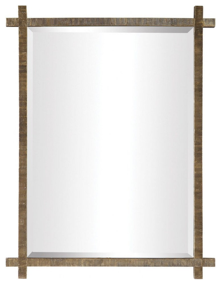 Rustic Rectangular Wall Mirror in Antique Gold Finish Ribbed Texture ...