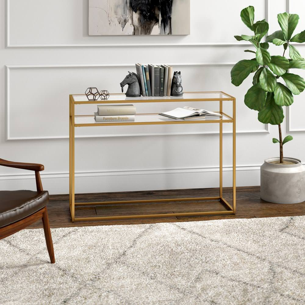 Addison 42'' Wide Rectangular Console Table With Glass Shelf In Brass - Contemporary - Coffee ...