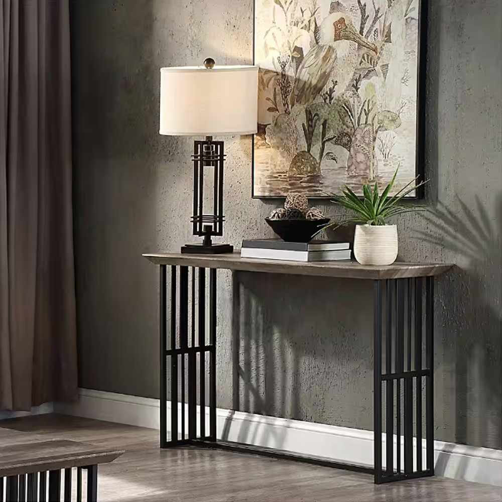 Rectangular Sofa Table with Metal Base in Antique Oak and Black ...