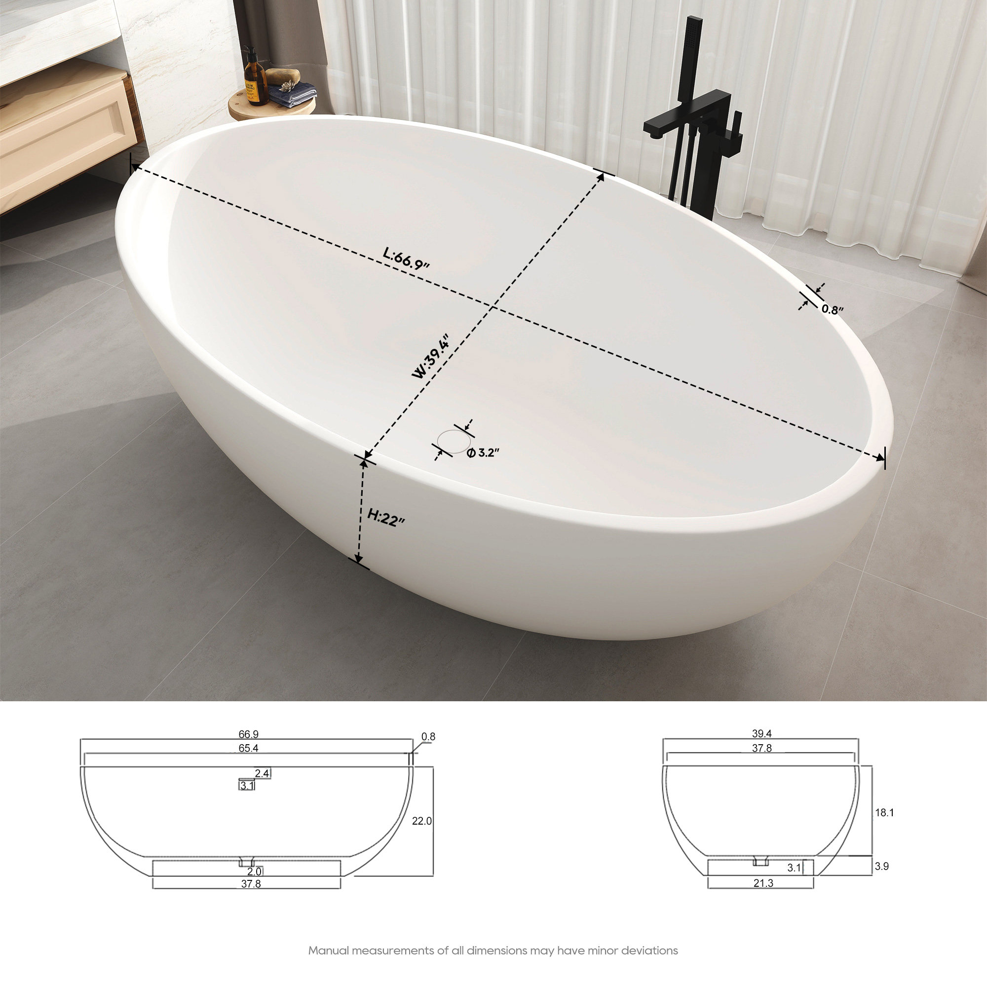 67" Extra Wide Solid Surface Matte Freestanding Bathtub, White ...