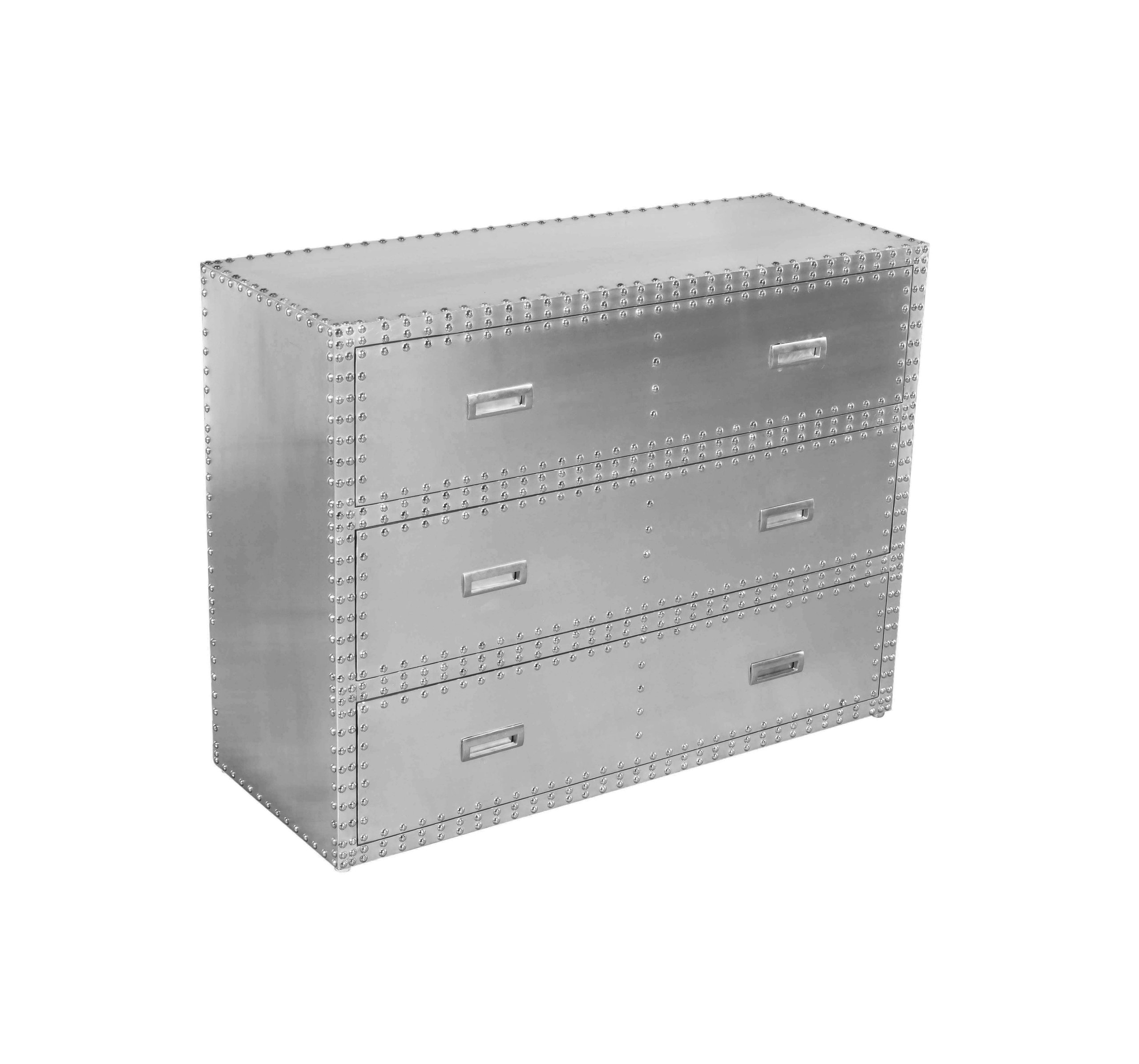 Pilot 3-Drawer Chest with Silver Aluminum Cladding and Decorative Nails ...