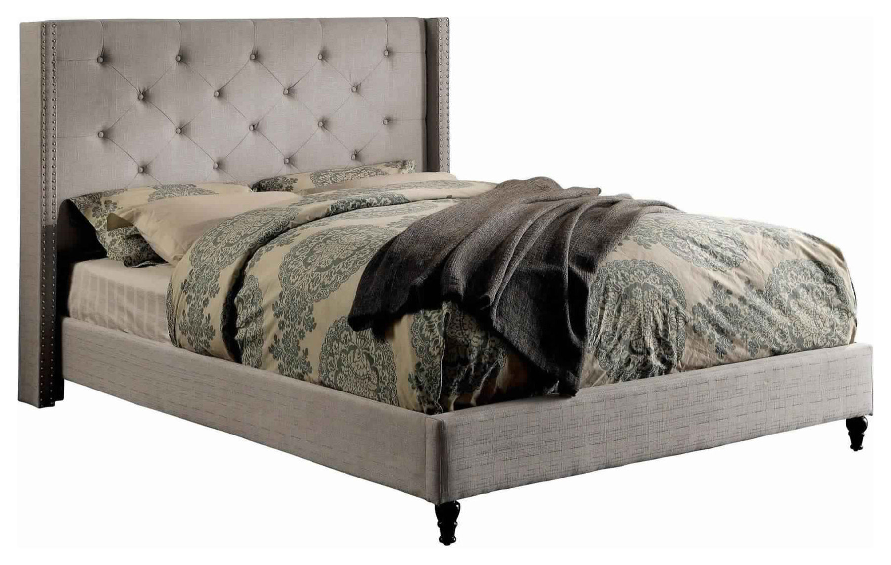 Button Tufted Wingback Queen Size Bed with Nailhead Trims, Gray ...