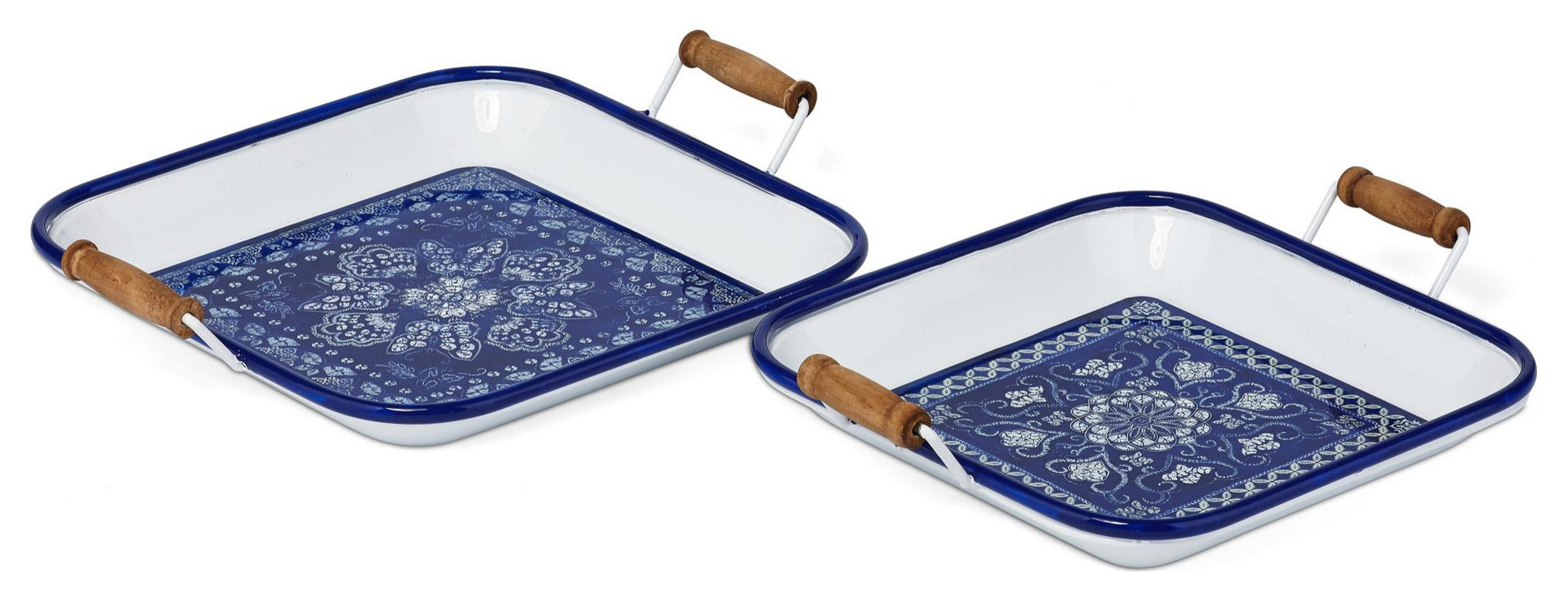 Iron Trays with Floral Designing and Two Wood Handles,Blue and White ...