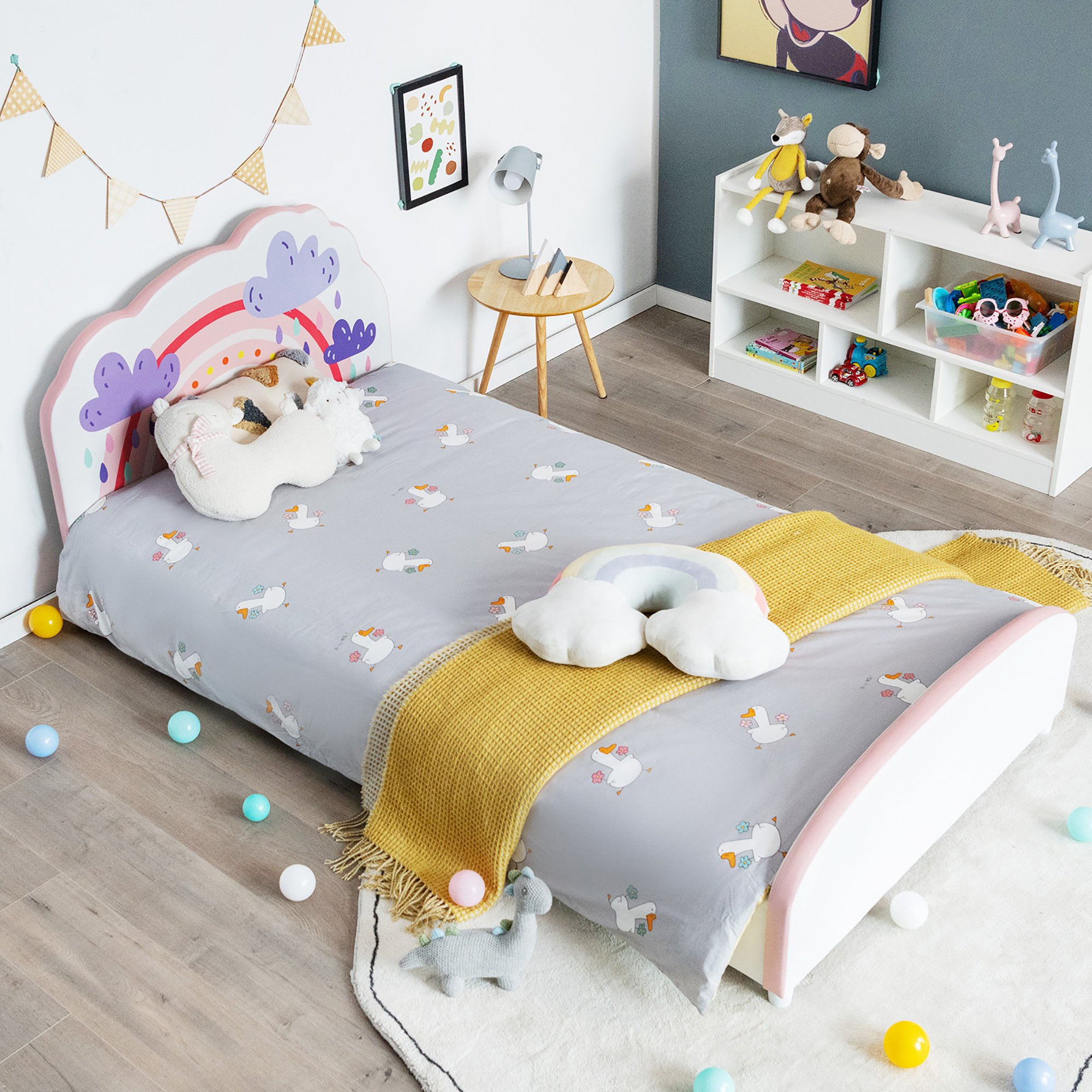 Twin Kids Platform Bed, Hardwood Frame With Rainbow Patterned Headboard ...