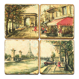 Tumbled Marble Coaster St/4 With Coaster Stand, Colorful Paris Street ...