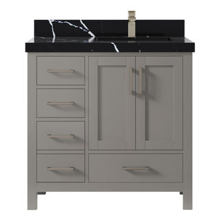 Santa Monica 36" Right Offset Bath Vanity, Graywashed Teak 2" Calacatta ...