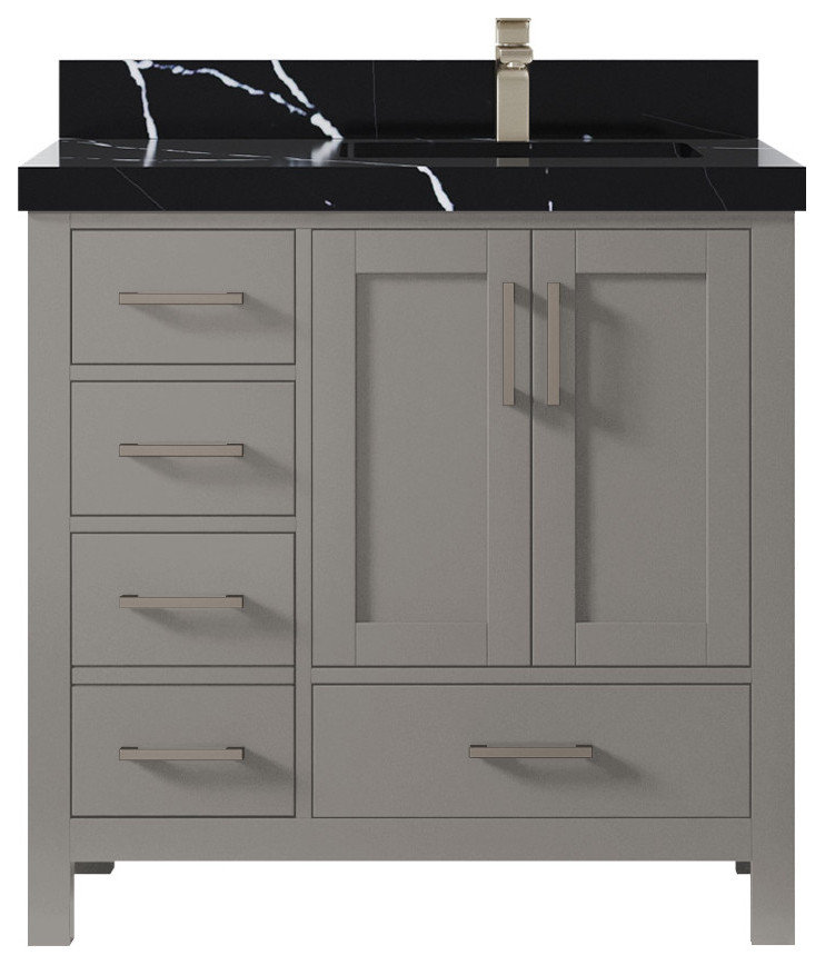 Santa Monica 36" Right Offset Bath Vanity, Graywashed Teak 2" Calacatta ...