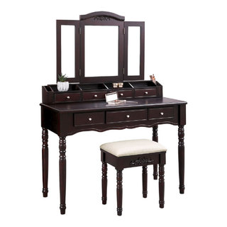 7 Drawers Wooden Vanity Set with Tri Fold Mirror and Padded Stool ...