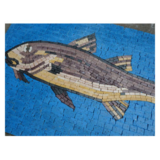 Brown Fish In Blue - Fish Mosaic Art, 30" x 18" - Beach Style - Tile ...