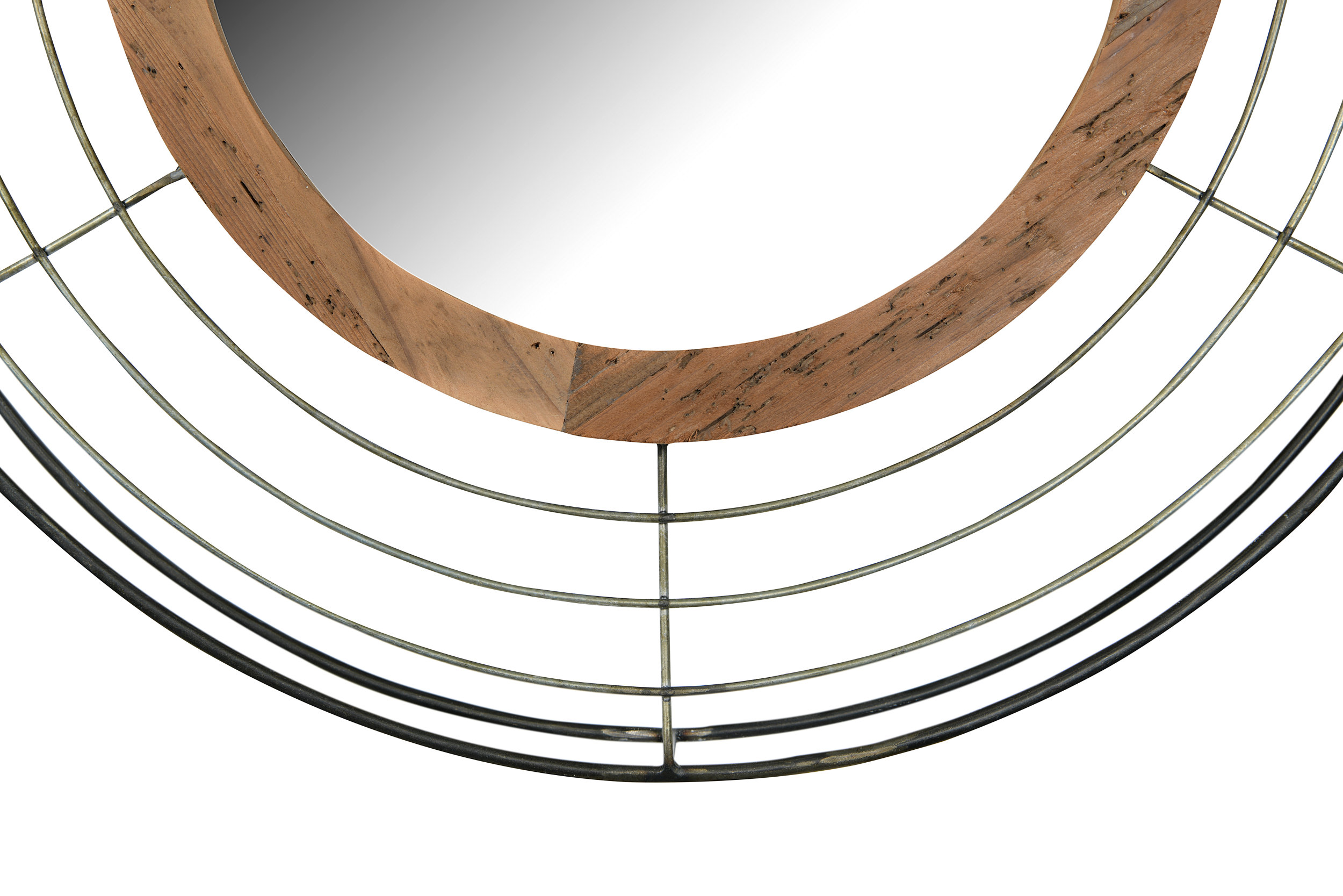 Round Wall Mirror With Wood Frame and Metal Wire Surround - Industrial ...