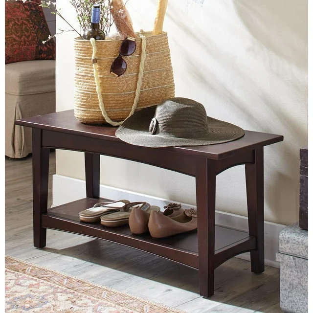 Shaker Cottage Bench with Lower Shelf, Espresso Finish, Classic Wooden ...