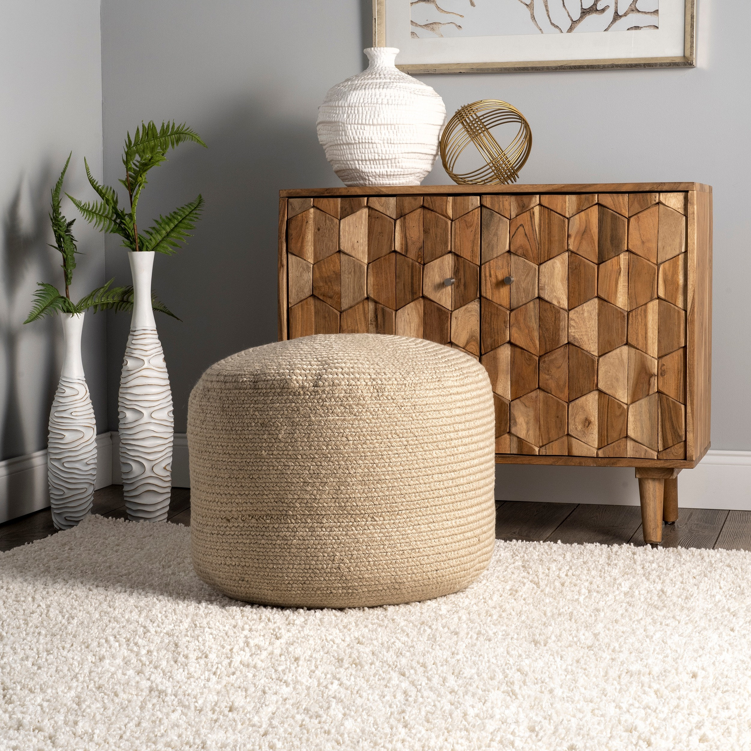 Nuloom Braided Simone Fiber Cable Jute Pouf, Natural - Beach Style ...