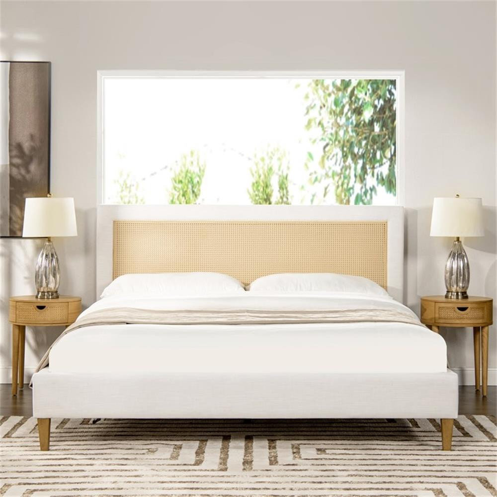 Haley Upholstered Cane Back Platform Bed King Eggshell White Linen ...