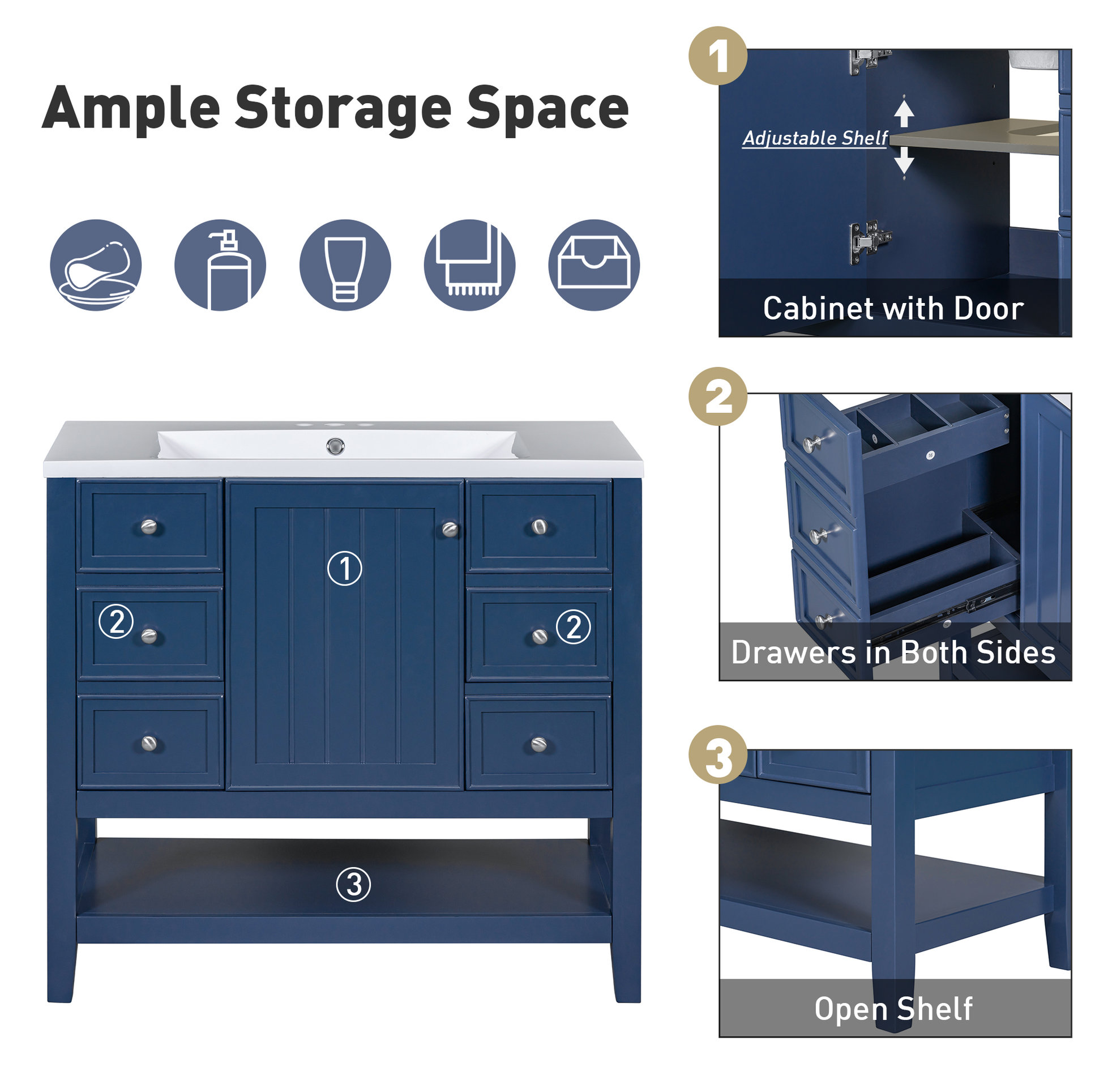 36 Inch Freestanding Bathroom Vanity Set in Blue with Drawers and ...