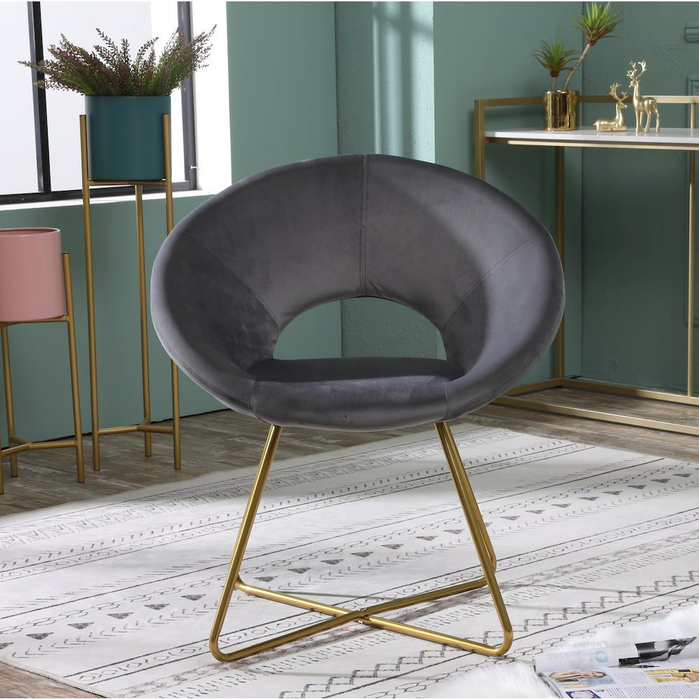 Slatina Gray Silky Velvet Upholstered Accent Chair with Gold Tone ...