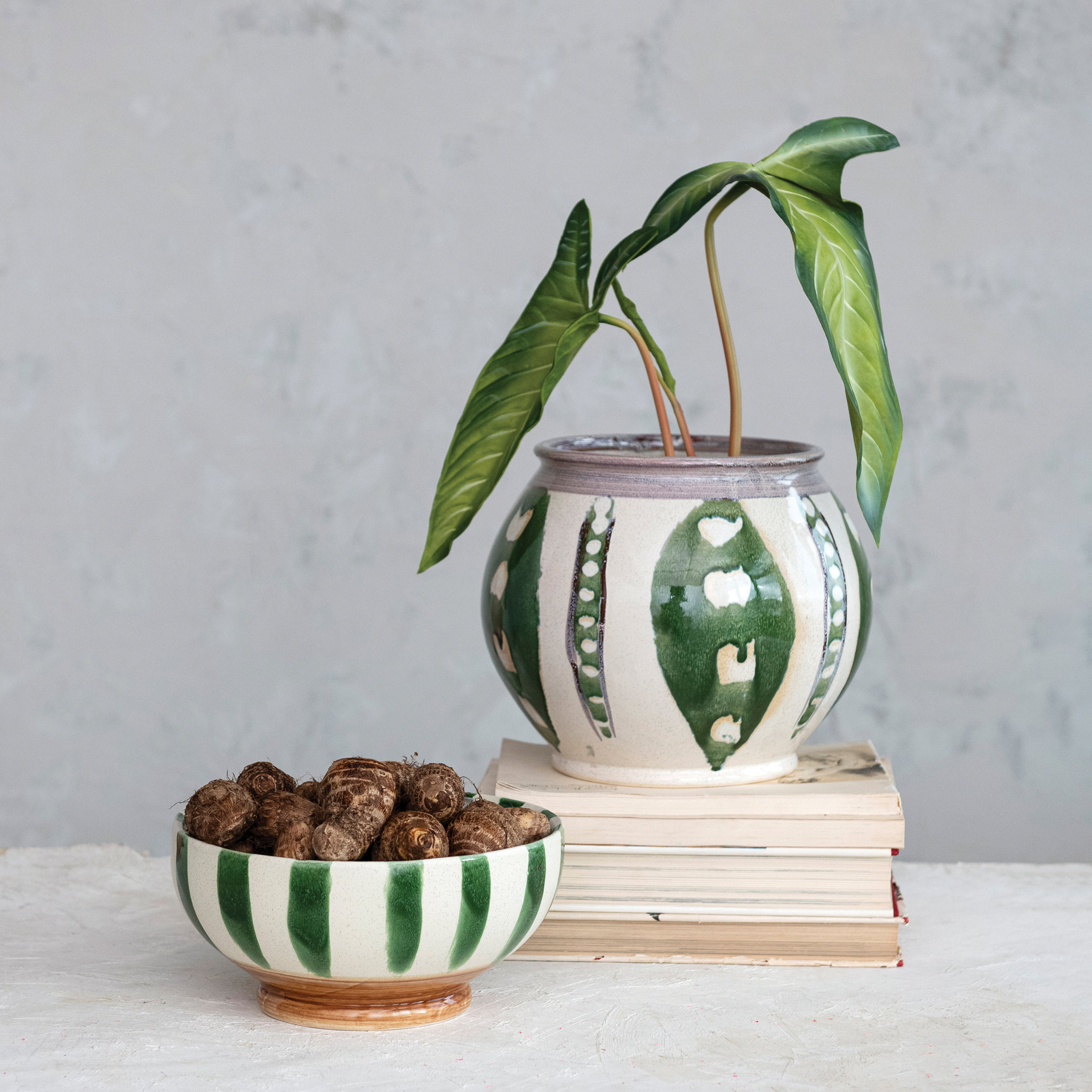 11.25" Round Hand-Painted Planter, Design, Reactive Glaze, Green, Cream ...