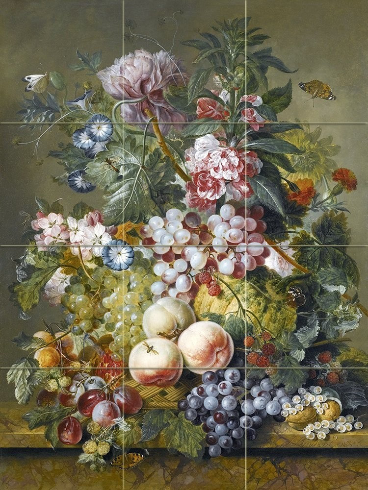 Tile Mural A Still Life Fruit And Flowers, Four Inch Marble - Farmhouse ...