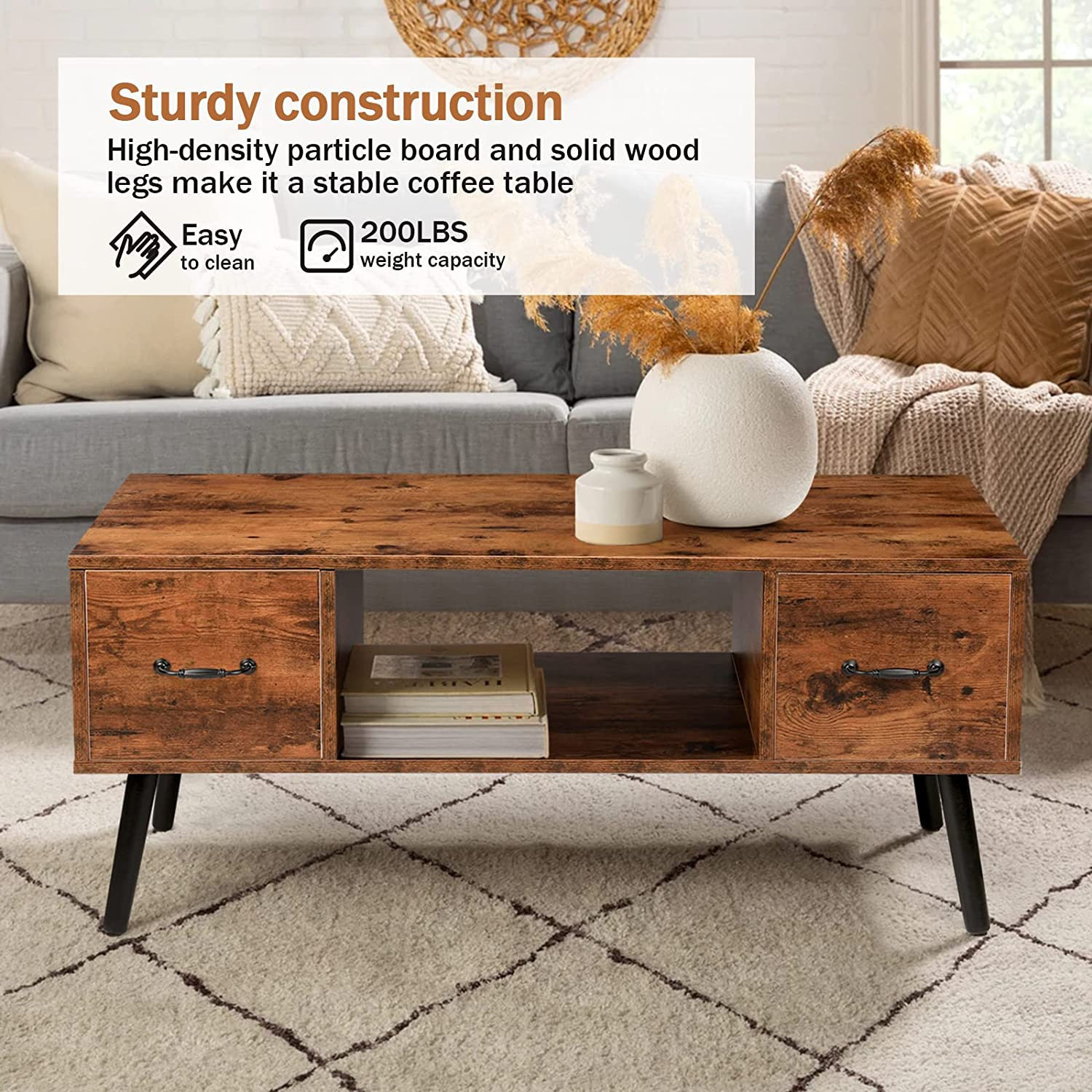 2-Tier Coffee Table with 2 Drawers and Open Storage Shelf ...