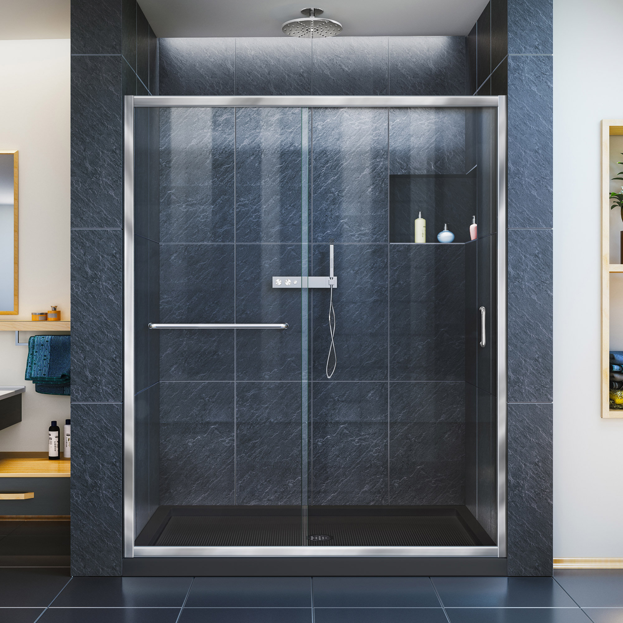 Infinity-Z 32"Dx54"W Clear Sliding Shower Door, Chrome, Center Drain ...