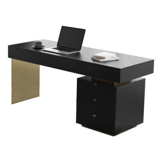 63" Black Office Computer Desk With Storage 6 Drawer Gold Leg ...