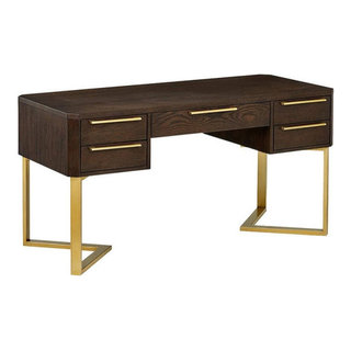 5-Drawer Walnut Writing Desk Large Computer Desk With Gold Base ...