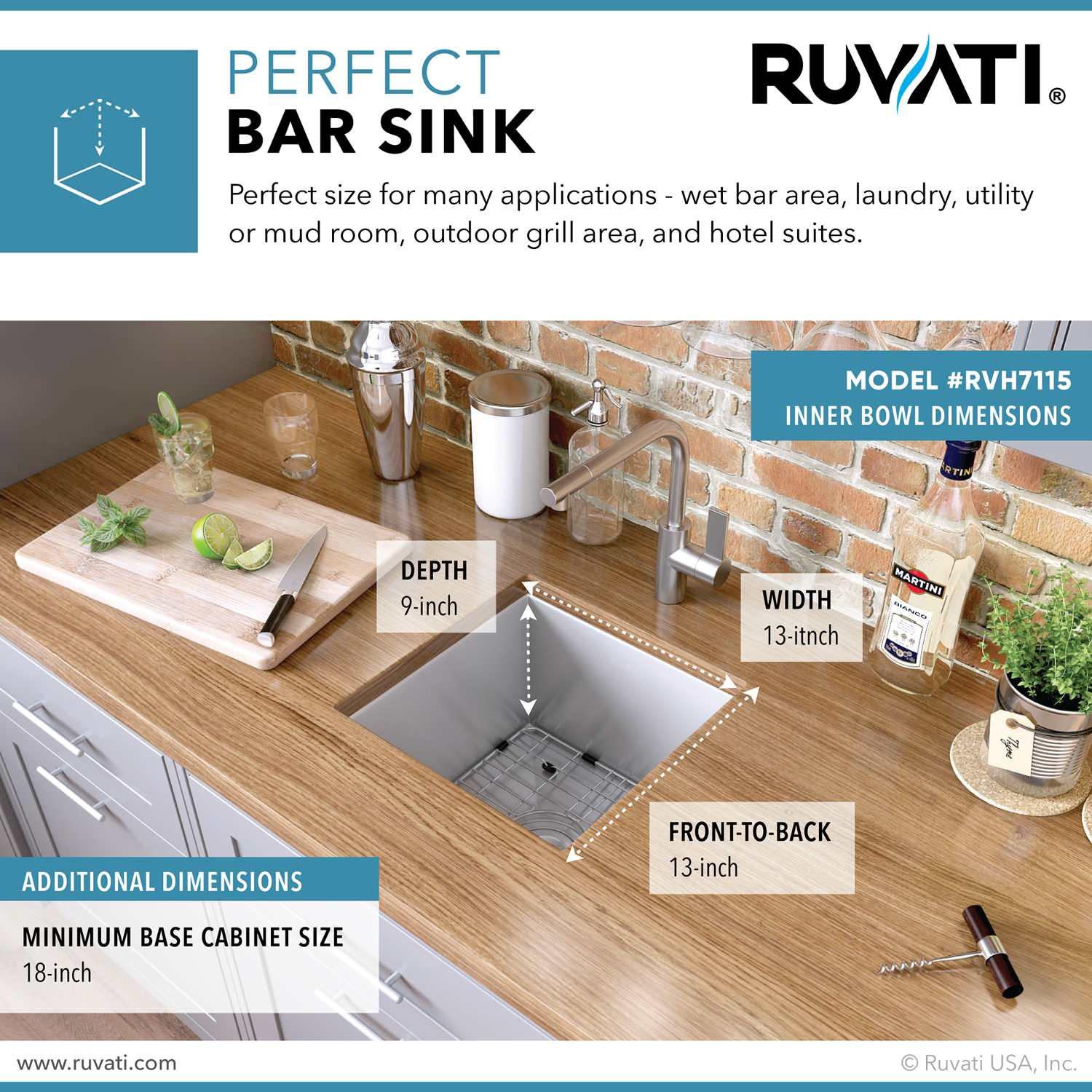 Ruvati RVH7115 15x15" 16 Gauge Zero Raduis Bar Prep Square Kitchen Sink ...
