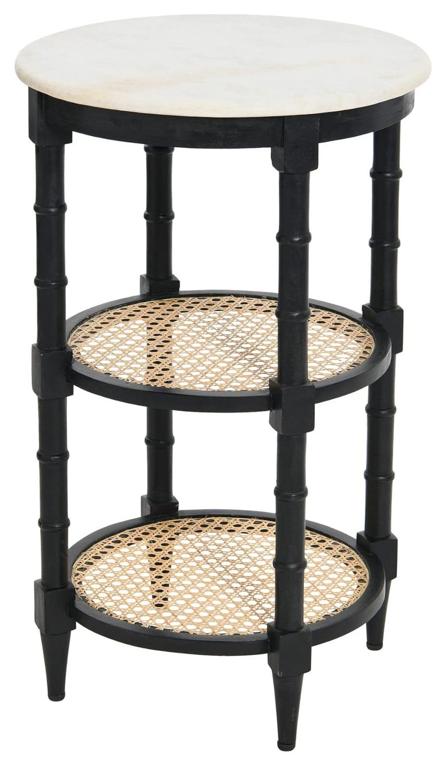 Transitional End Table, Round Design With Faux Marble Top & Rattan ...
