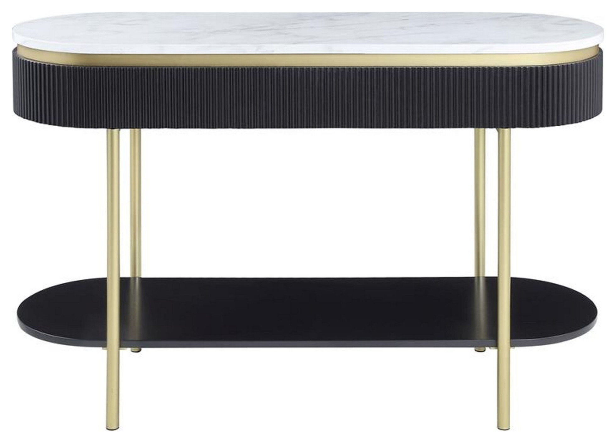 Ville 48 Inch Oblong Sofa Console Table, White Faux Marble Top, Reeded ...