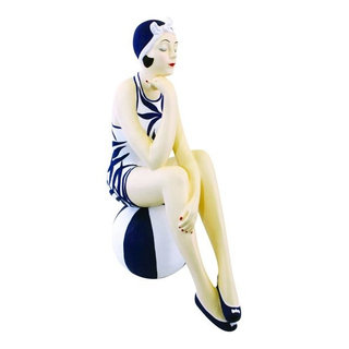 Retro Bathing Beauty Figurine, 1920s Swimsuit Beach Ball Blue White ...