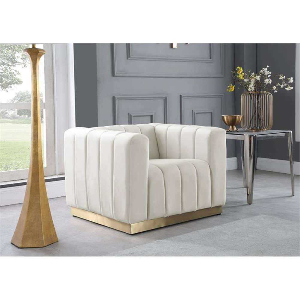Pemberly Row Contemporary Velvet/Stainless Steel Chair in Cream/Brushed ...