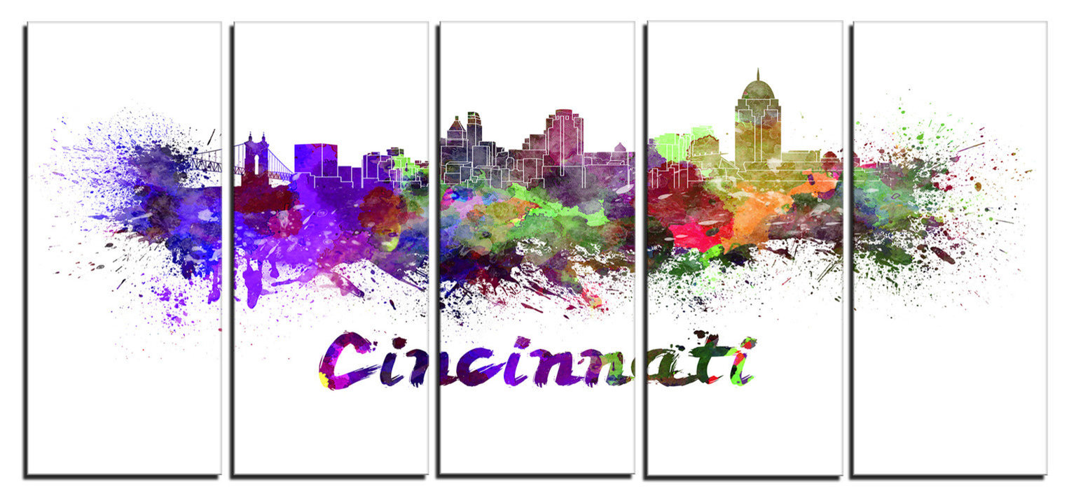 "Cincinnati Skyline" Cityscape Canvas Artwork Print, 60"x28", 5 Panels ...