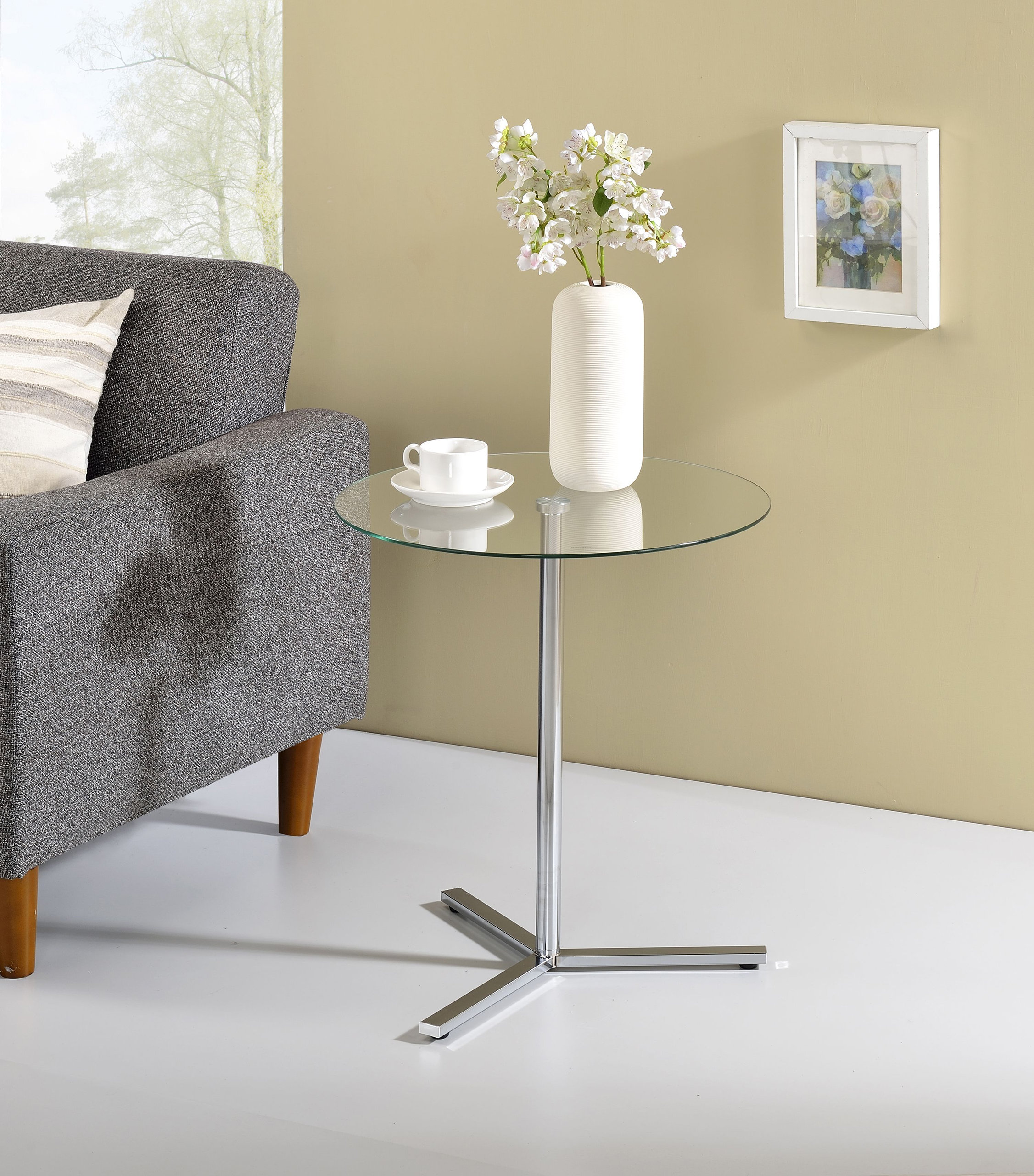 Horta 20" Round Modern Accent Side End Table, Chrome Metal and Tempered ...