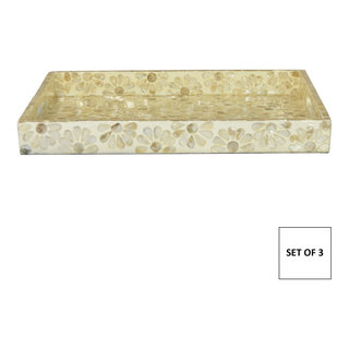 Plutus Brands Wood Tray With Capiz,, White Wood Set Of 3 - Contemporary ...