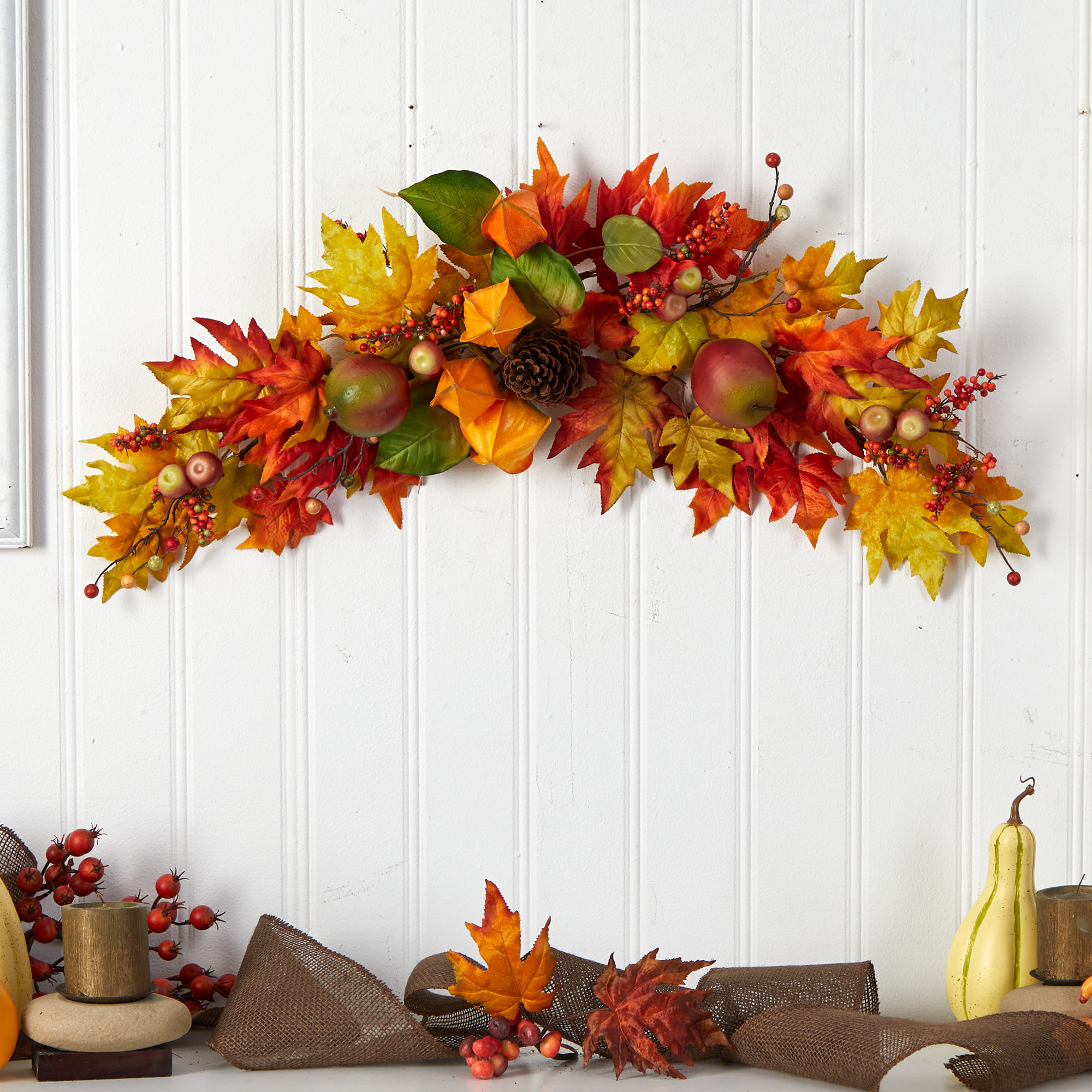 38" Autumn Maple Leaf Berry Artificial Swag - Modern - Wreaths And ...