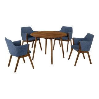 Arcadia and Renzo 42" Round Blue and Walnut Wood 5-Piece Dining Set ...