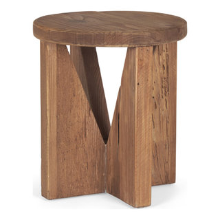 Tahlia Round Natural Brown Wood With Angled Legs Stool, 16.0L x 16.0W x ...