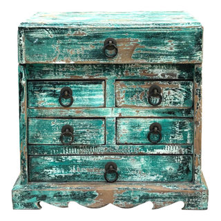 14" Distressed Faded Teal Green Small 5 Drawers Storage Chest Box ...