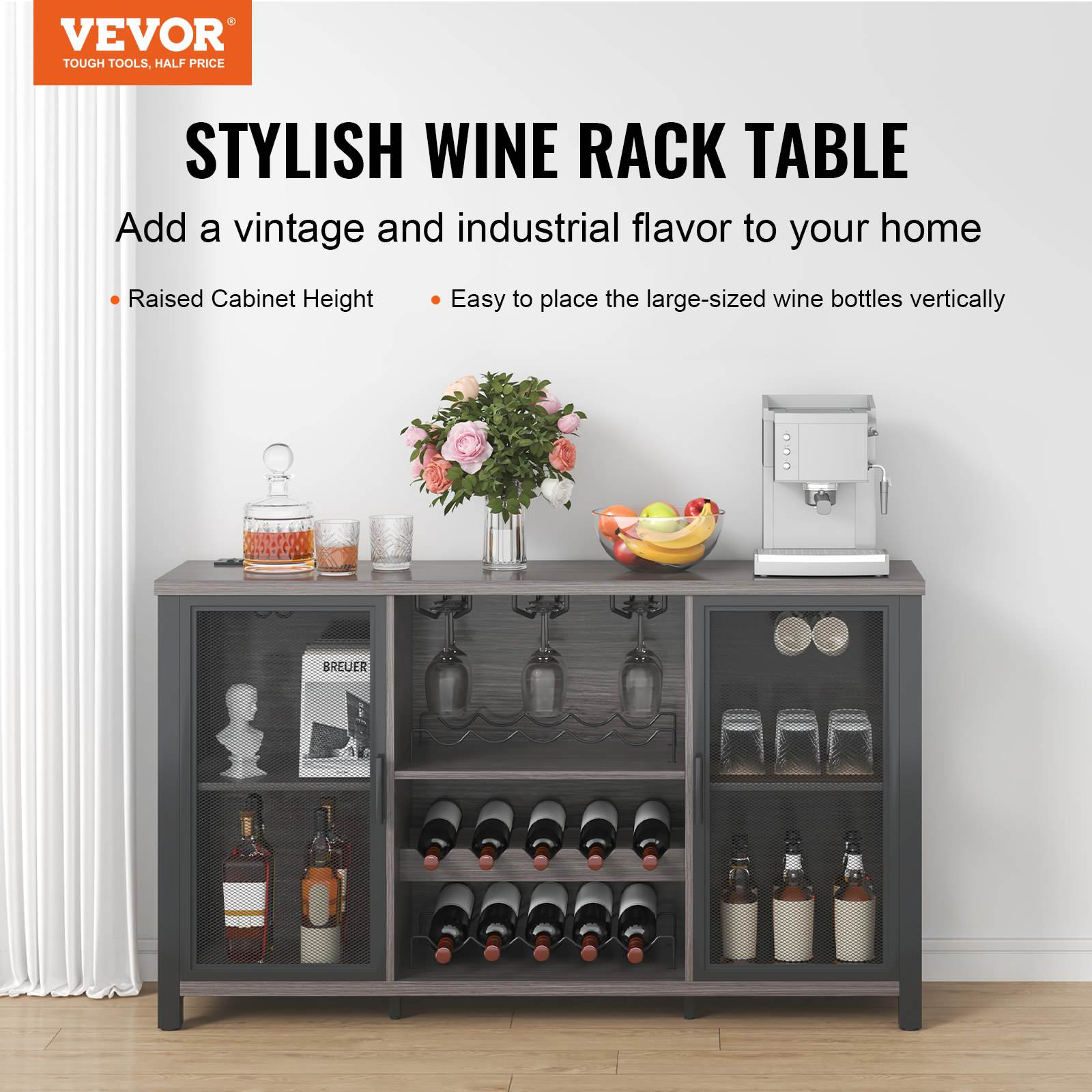 VEVOR Industrial Bar Cabinet Wine Bar Table With Wine Rack for Liquor ...