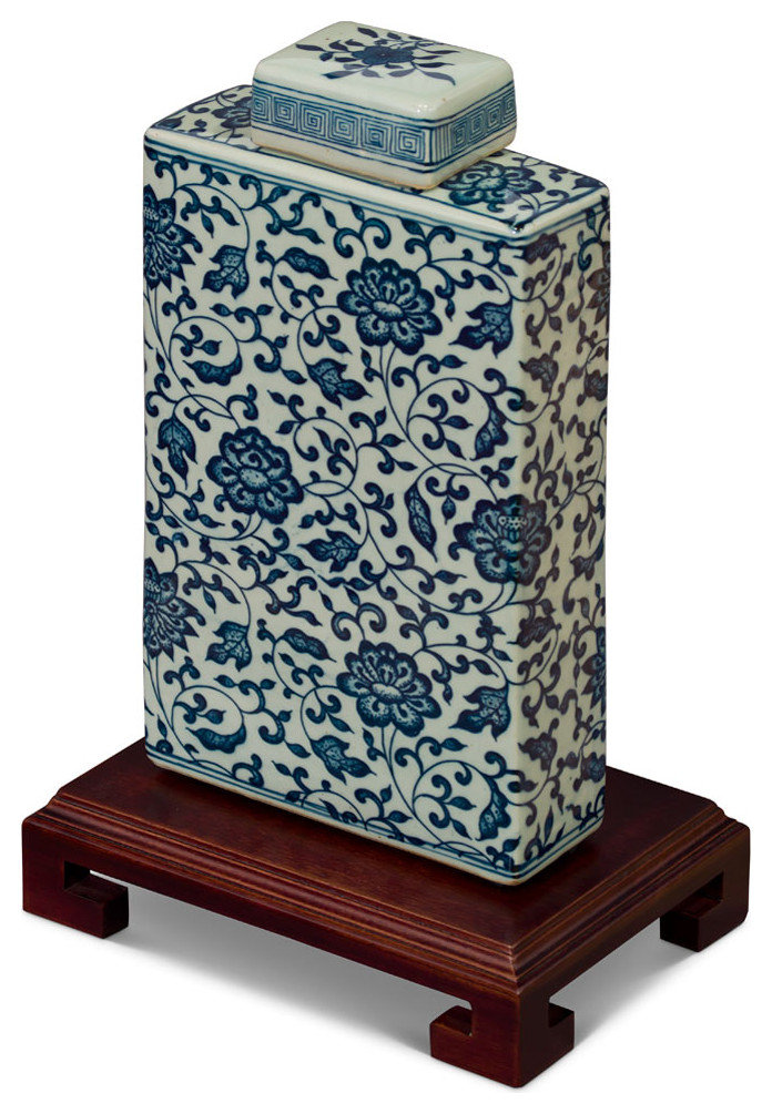 Blue and White Porcelain Chinese Tea Jar with Flowers - Asian ...