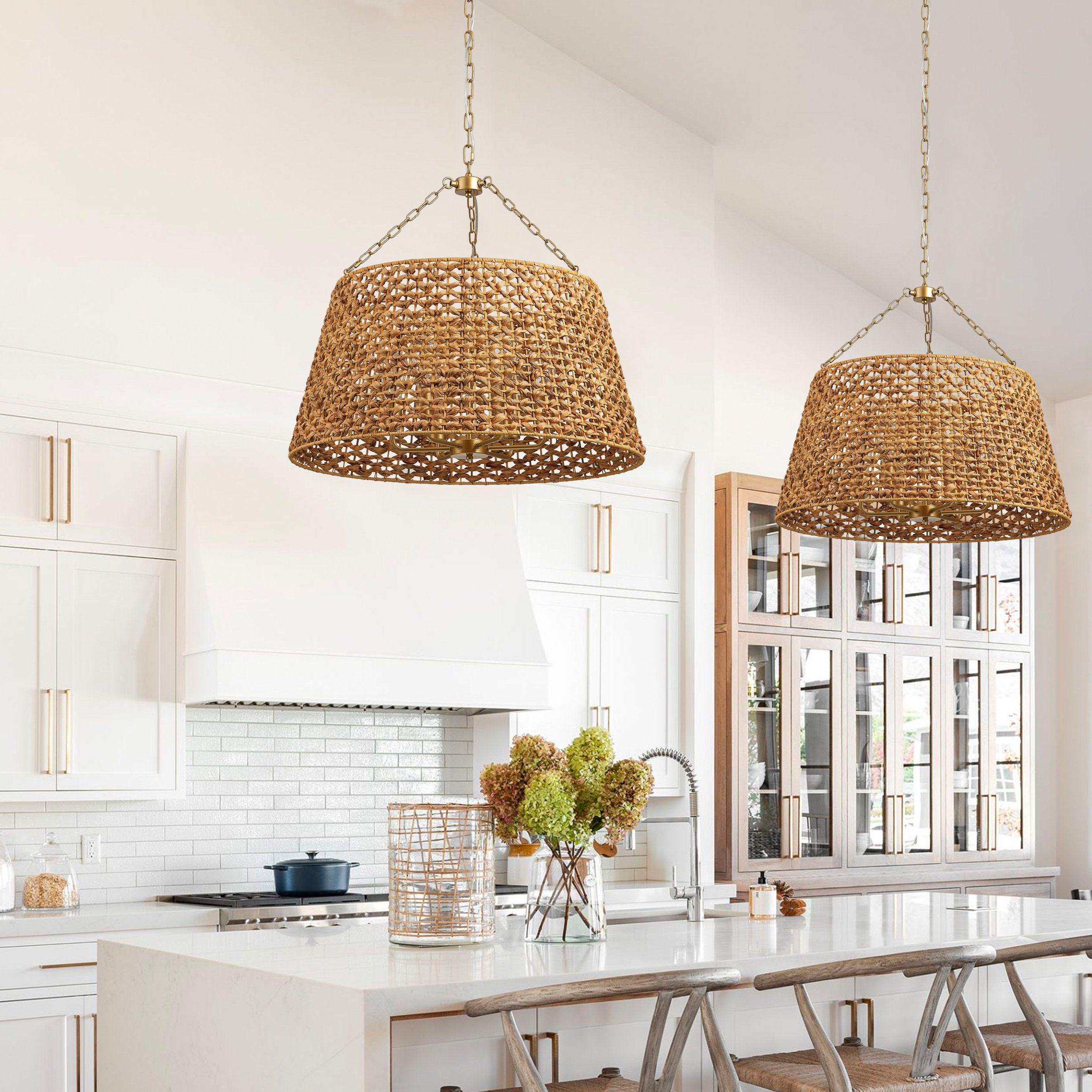 Farmhouse Painted Gold 6-Light Unique Hand Woven Oversize Pendant Light ...