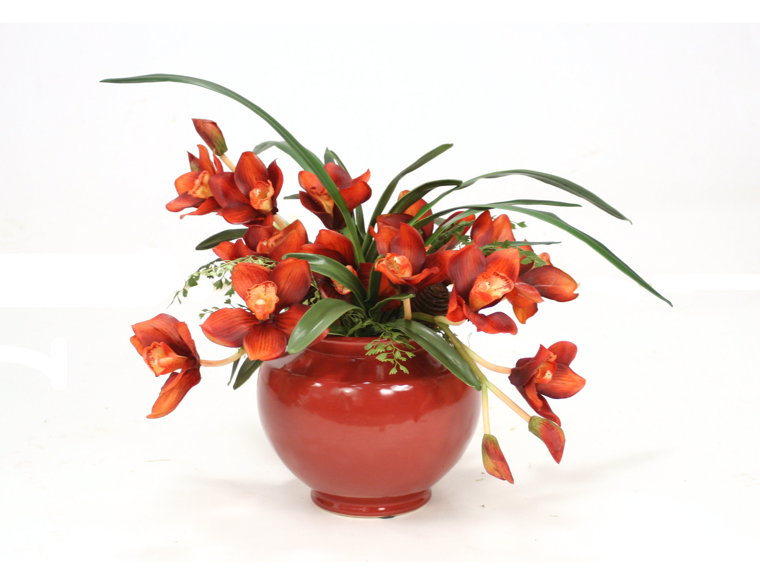 Rust Orchids with Maiden Hair Fern in Red Ceramic Planter - Traditional ...