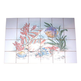 Fish Ceramic Tile Mural Star Fish Sea Shells Coral Backsplash, 24-Piece ...