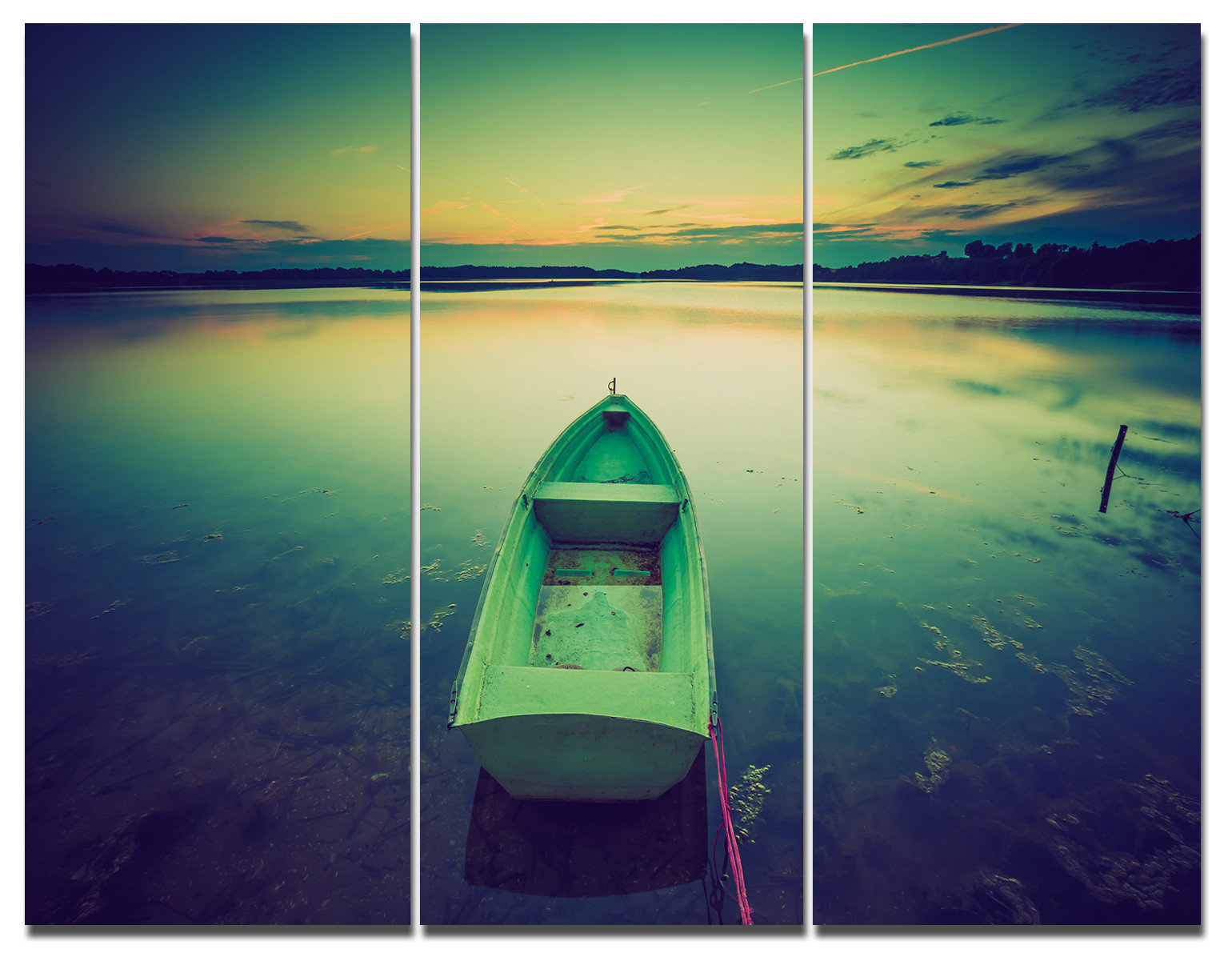 Boat at Sunset in Vintage Lake, Boat Triptych Canvas Art Print, 36x28 ...