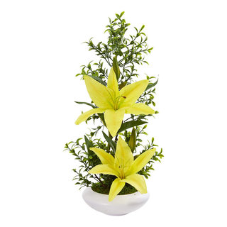 Lily and Boxwood Artificial Arrangement in White Planter - Modern ...