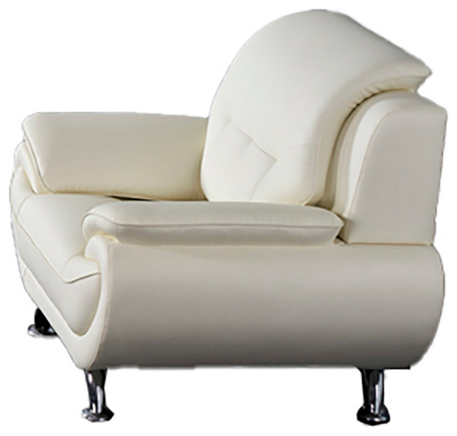 Olaf 50 Inch Sofa Chair, Tufted Ivory Faux Leather, Chrome Metal, Wood ...