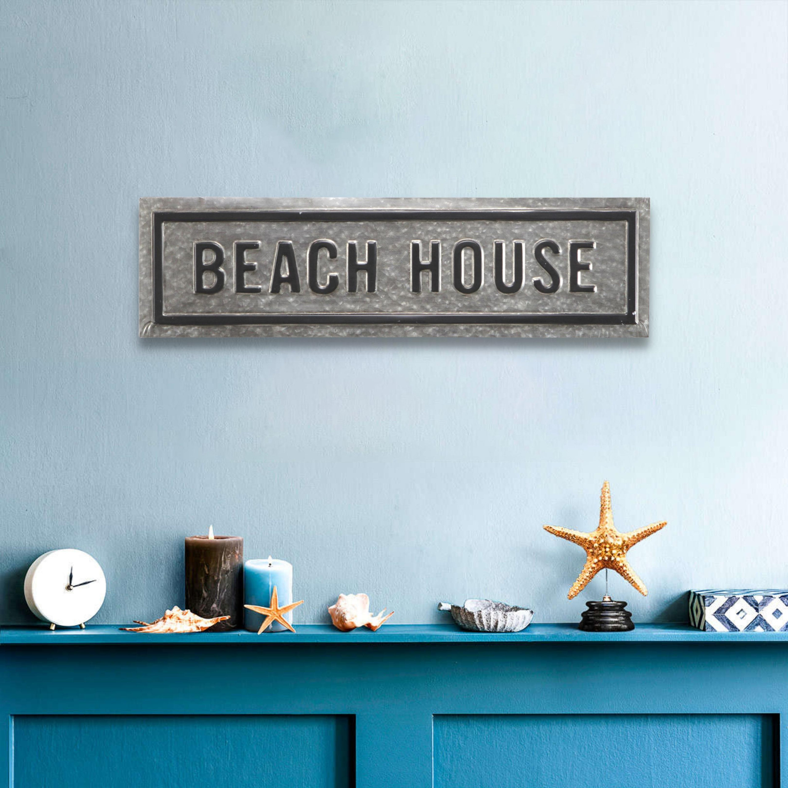 Galvanized Metal Rectangular Beach Sign Wall Decor in Black Trim ...