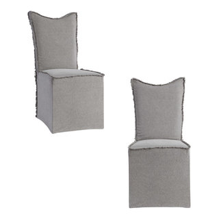 Casual Linen Blend Slipcover Dining Chair Gray Wood Fabric Fringe, Set ...