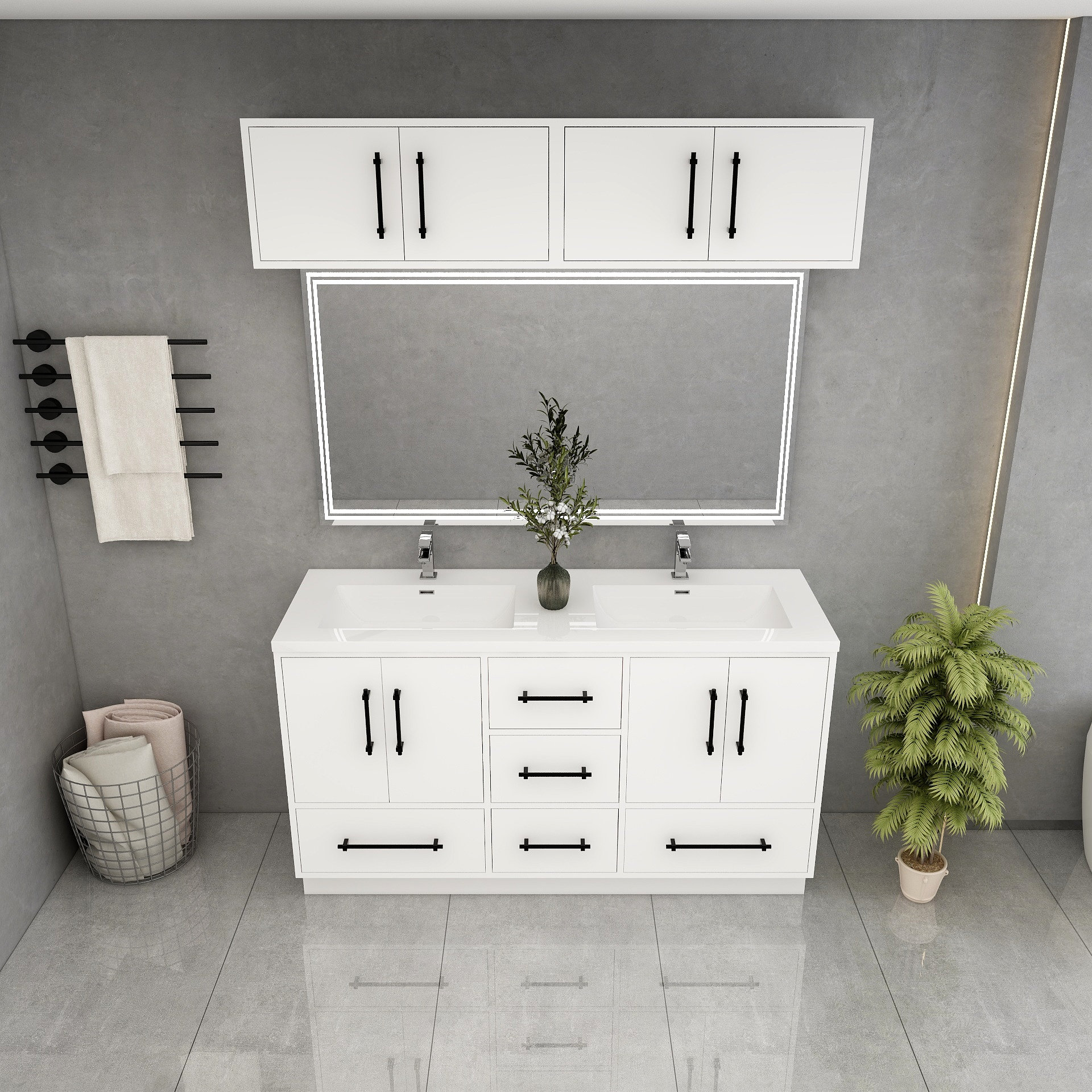 Victoria 60" Solid Wood Vanity Double Sink, Overhead Cabinet ...