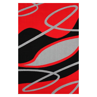 5'x8' Red With Black Living Room Area Rug, Geometric and Machine Made ...