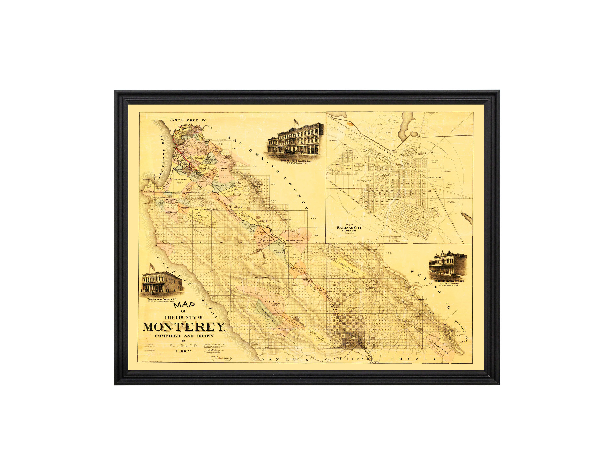 Monterey County Map Framed Art 1877, Vintage CA Wall Decor, 24x18 ...